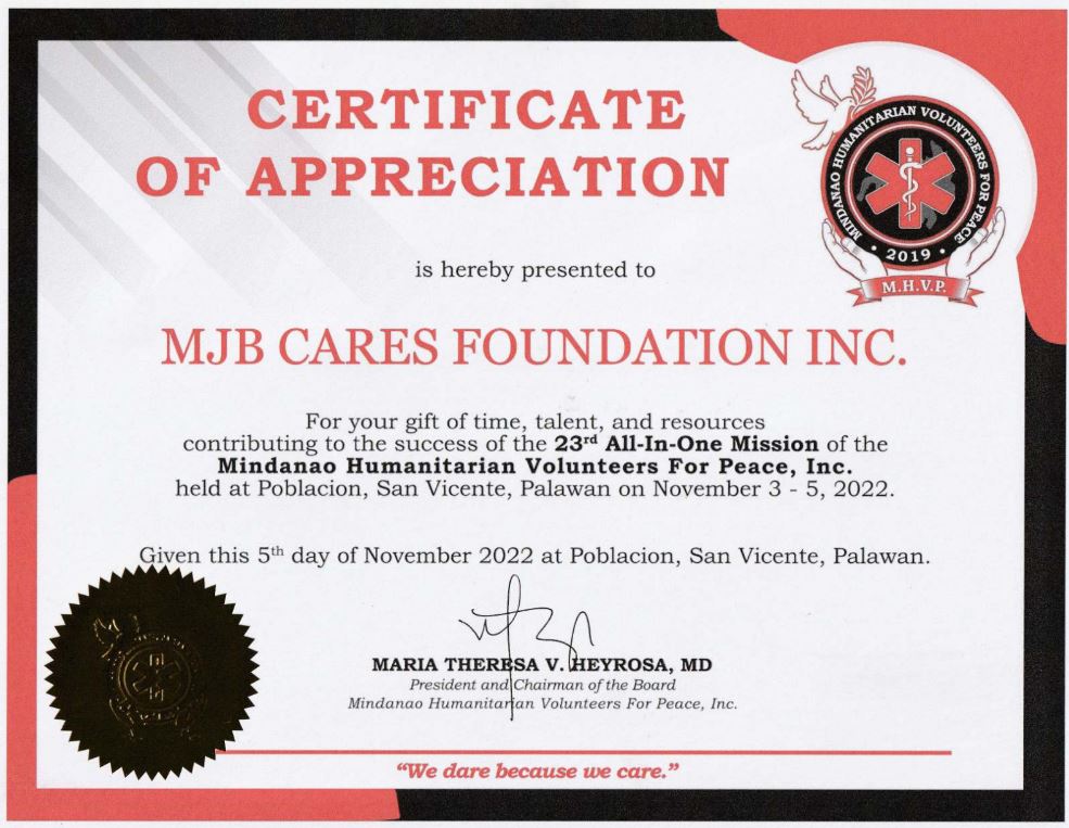 Certificate of Appreciation from MHVP (23rd Mission) - MJB Cares ...